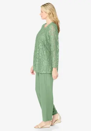 WOMAN WITHIN 3 Piece Lace Jacket/tank/pant Set - Sage