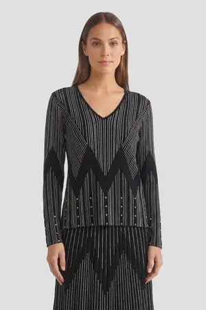 Ming Wang Silver Lurex Studded Soft Knit Top - Black/silver
