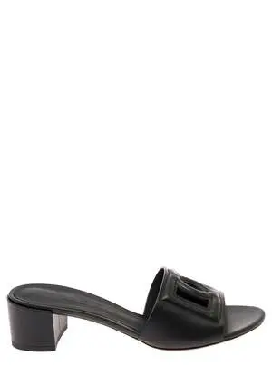Dolce & Gabbana Black Mules With Low Heel And Dg Cut-out In Smooth Leather - Multicolor