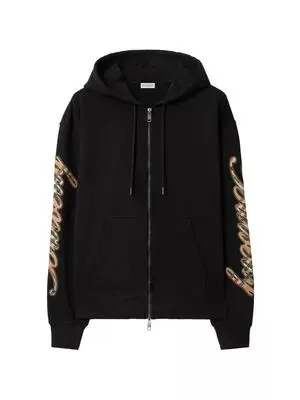 Burberry Check Cursive Logo Cotton Zip Hoodie - Black