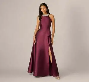 Adrianna Papell Beaded Halter Draped Mikado Gown