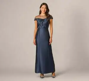 Adrianna Papell Cap Sleeve Illusion Pearly Beaded Mikado Gown - Midnight