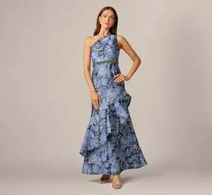 Adrianna Papell One Shoulder Beaded Metallic Floral Gown In Navy Blue Multi - Navy/blue Multi