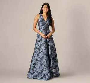 Adrianna Papell Floral Jacquard Flounce Cascade Gown In Navy Blue Multi