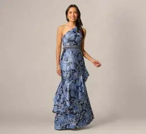 Adrianna Papell Petite One Shoulder Beaded Metallic Floral Gown In Navy Blue Multi - Navy/blue Multi