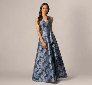 Adrianna Papell Petite Floral Jacquard Flounce Cascade Gown In Navy Blue Multi - Navy/blue Multi