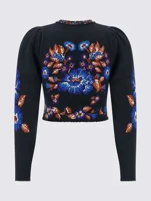 Farm Rio Cropped Jacquard Knit Jumper With Crew Neck And Puffed Shoulders