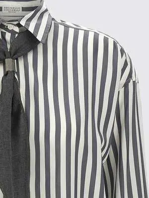 Brunello Cucinelli Long-sleeved Striped Silk Shirt With A Classic Collar