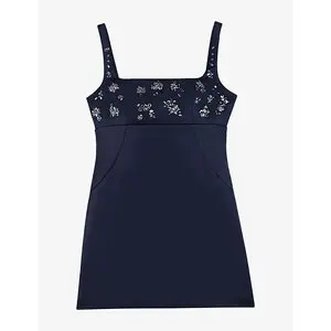 Maje Sleeveless Flower-embroidered Satin Mini Dress - Navy