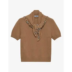 Prada Embroidered-scarf Short-sleeve Cashmere Jumper - Brown