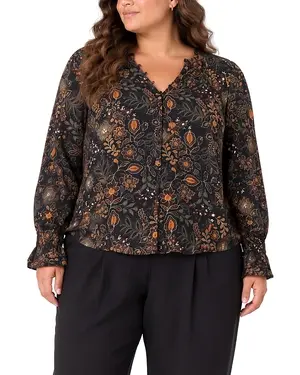 LIVERPOOL Gathered Button Front Blouse - Black Rust Multi