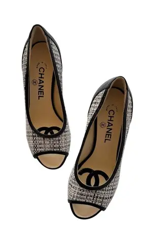 DEAR CLEMENTINE VINTAGE Chanel Black & Ivory Shimmer Tweed Peep-toe Pumps With Pearl Heels - Multi