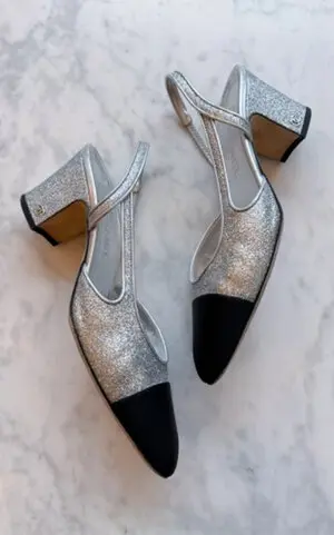 DEAR CLEMENTINE VINTAGE Chanel Glitter Pointed-toe Slingback Heels With Cc Logo Detail