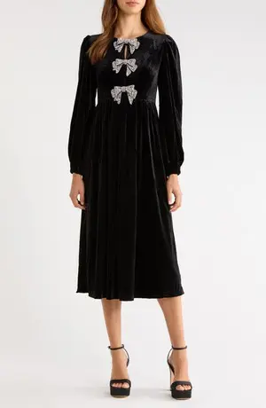 SUGARLIPS Jena Glow Bow Velvet Midi Dress - Black
