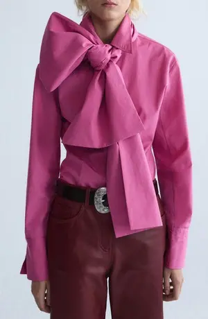 Mango Maxi Bow Cotton Poplin Shirt - Pink