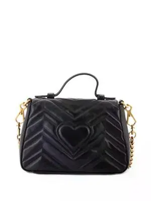 Gucci Gg Marmont Top Handle Flap Bag Matelasse Leather Mini Satchel - Black