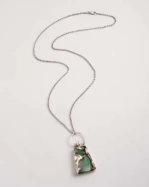 Alexis Bittar Vintage Danish 1970s Sterling & Green Onyx Handmade Pendant Necklace - Silver