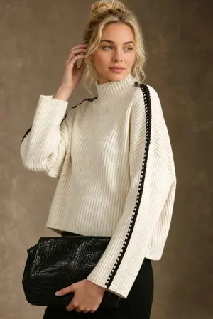 27 Miles Malibu Mochi Whip Stitch Detail Mock Neck Sweater - Cloud/black