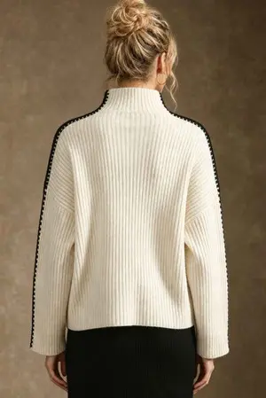 27 Miles Malibu Mochi Whip Stitch Detail Mock Neck Sweater - Cloud/black