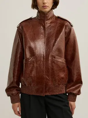 Witchery Crinkle High Neck Leather Bomber Jacket