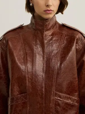 Witchery Crinkle High Neck Leather Bomber Jacket