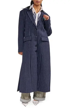 AZALEA WANG Skyline Pinstripe Long Coat - Navy