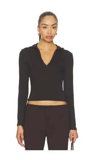 Donni. The Baby Rib Zip-up Tee In Chocolate - Espresso