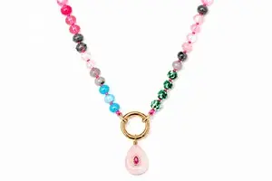 BOHO BETTY Rose Quartz Teardrop Pendant Necklace – Love Stone Waterproof Charm Jewellery – Amala Gold - Gold/pink