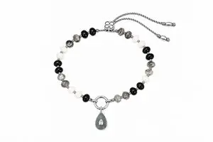 BOHO BETTY Labradorite Teardrop Charm Bracelet – Intuition Waterproof Black Beaded Jewellery – Zaha Silver - Black/silver