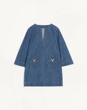 Valentino Garavani Denim Chambray Kaftan Dress With V Detail - Blue