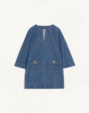 Valentino Garavani Denim Chambray Kaftan Dress With V Detail - Blue
