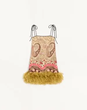 Valentino Garavani Short Silk Dress With Voyage Imaginaire Paisley And Feather Boa - Multicolour