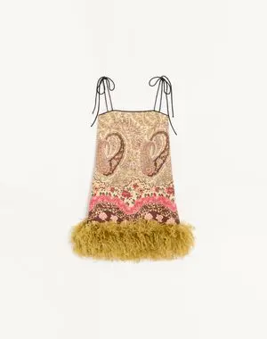 Valentino Garavani Short Silk Dress With Voyage Imaginaire Paisley And Feather Boa - Multicolour