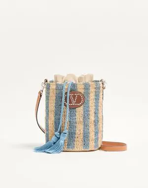 Valentino Garavani Small Striped Raffia Bucket Bag - Natural/azure