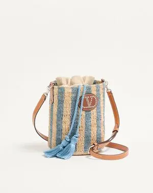 Valentino Garavani Small Striped Raffia Bucket Bag - Natural/azure