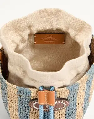Valentino Garavani Small Striped Raffia Bucket Bag - Natural/azure