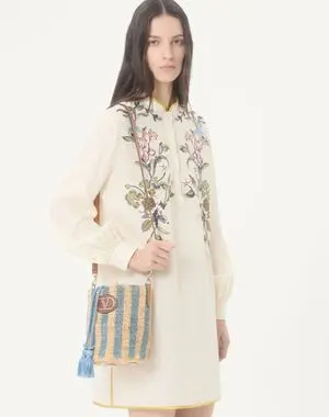 Valentino Garavani Small Striped Raffia Bucket Bag - Natural/azure