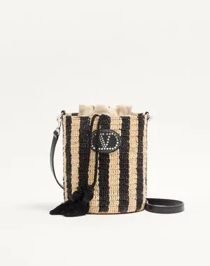 Valentino Garavani Small Striped Raffia Bucket Bag - Natural/black