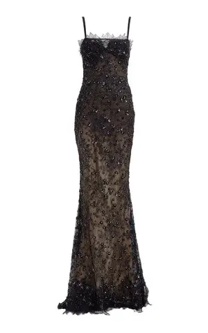 Elie Saab Sleeveless Embroidered Lace Gown - Black