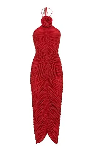 Magda Butrym Ruched Halter Midi Dress With Rose Appliqu - Red