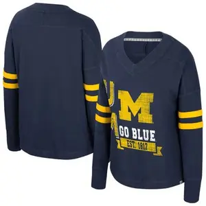 COLOSSEUM Michigan Wolverines Oversized Violet Distressed V-neck Long Sleeve T-shirt - Navy