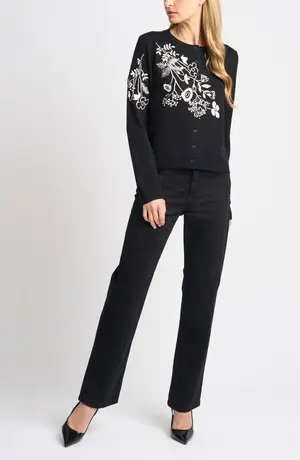 Halogen Embroidered Floral Button-front Cardigan - Rich Black
