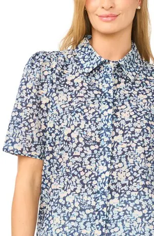 Halogen Floral Puff Sleeve Button-up Top - Lovely Navy