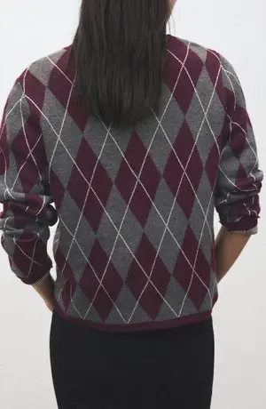 Mango Argyle Crewneck Sweater - Medium Heather Grey
