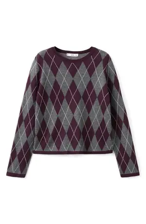 Mango Argyle Crewneck Sweater - Medium Heather Grey