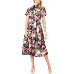 Ted Baker London Floral Linen Midi Shirt Dress - Rich Black