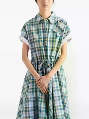 Prada Checked Cotton Dress With Floral Applique - Green