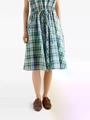 Prada Checked Cotton Dress With Floral Applique - Green
