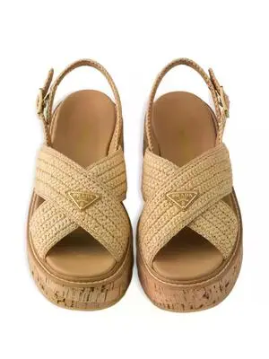 Prada Woven Platform Sandals With Logo Buckle - Neutrals