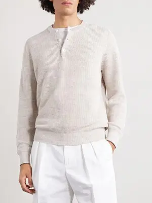 Brunello Cucinelli Ribbed Linen And Cotton-blend Henley Shirt - Neutrals